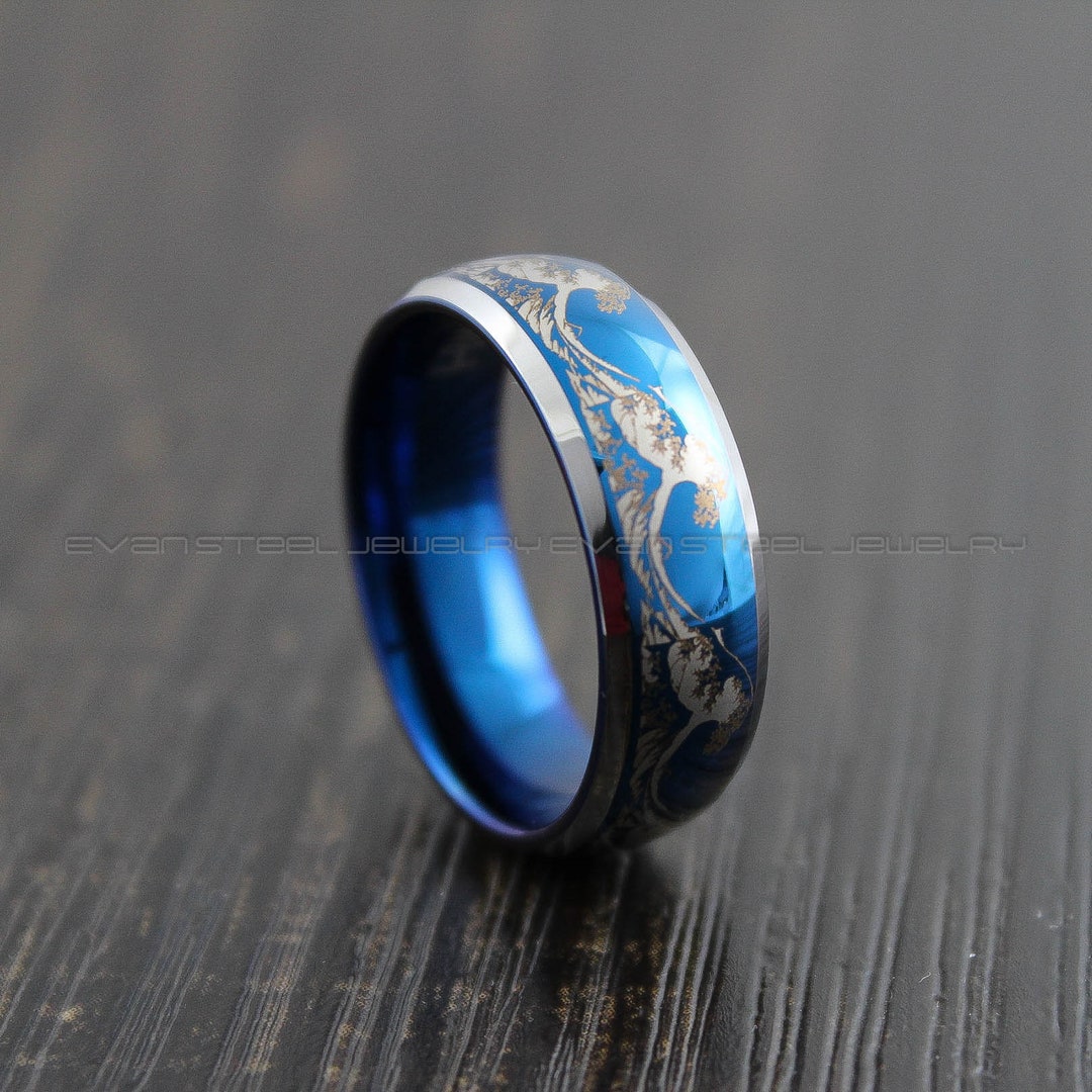 Wave Ring, Ocean Wave Ring, Beach Jewelry, 8mm Blue Tungsten Wedding ...