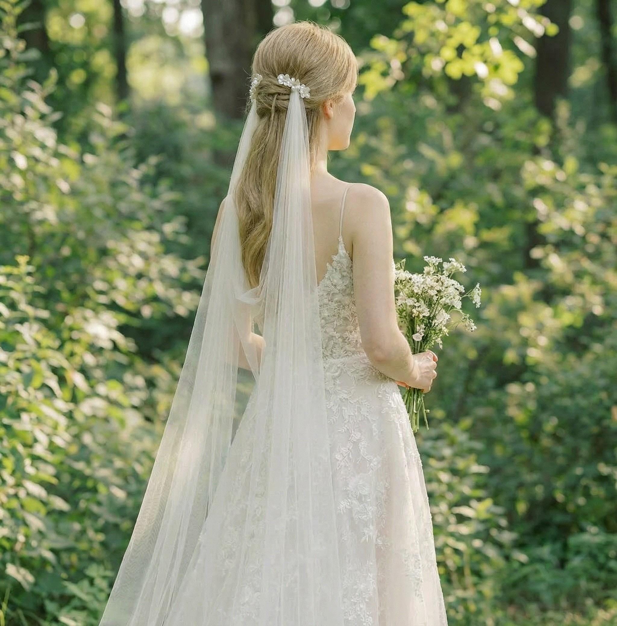 Bridal Draped Wedding Veil, Pearl Flower Veil, Modern Boho Bridal Veil ...
