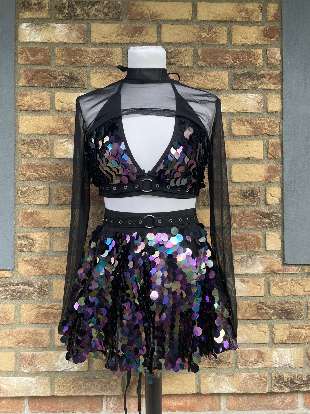 Black Rainbow Sequin Rave Festival Outfit Skirt KYRA MTO - Etsy