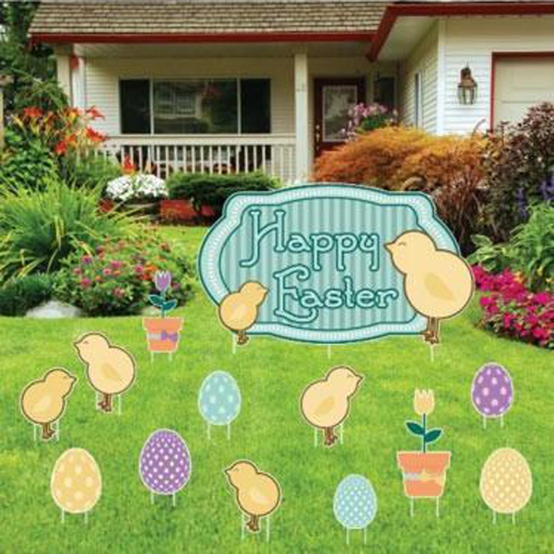 Happy Easter Sign With Baby Chicks, Easter Eggs and Flowers, 20pc ...