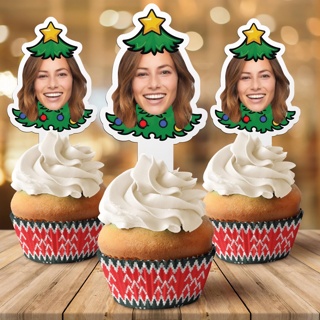 Custom Face Christmas Tree Cupcake Toppers – Holiday Party Decor (2x4 ...
