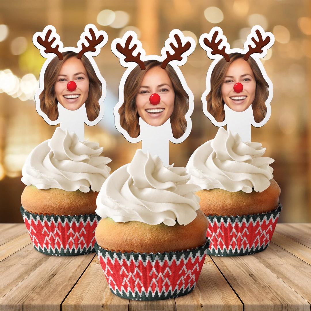 Custom Face Photo Cupcake Toppers - Rudolph, Plastic Christmas Cupcake ...