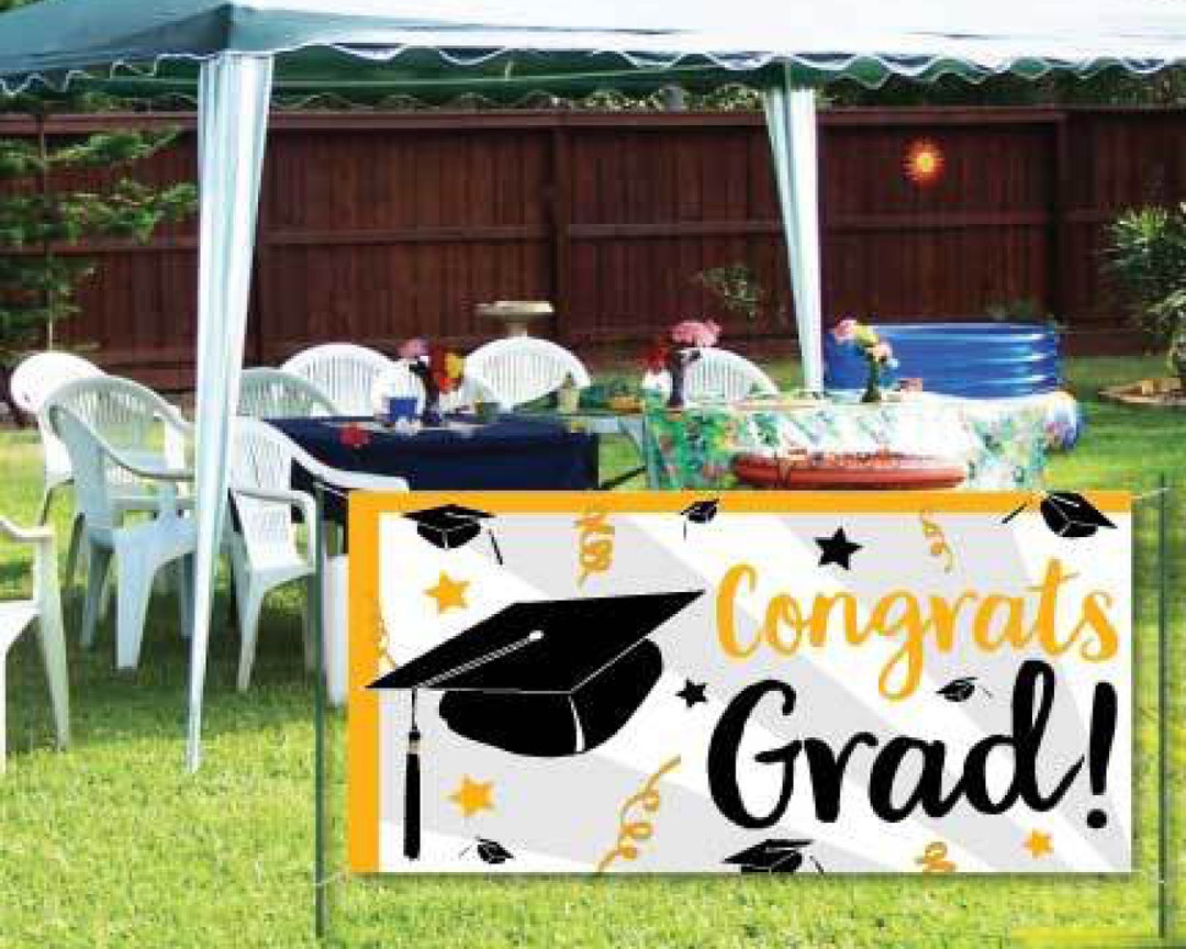 Congrats Grad White, Black & Gold Graduation Vinyl Banner, 3 Sizes ...