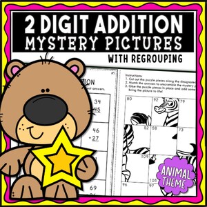 2 Digit Addition With Regrouping Mystery Pictures, Animal Theme, Cut ...