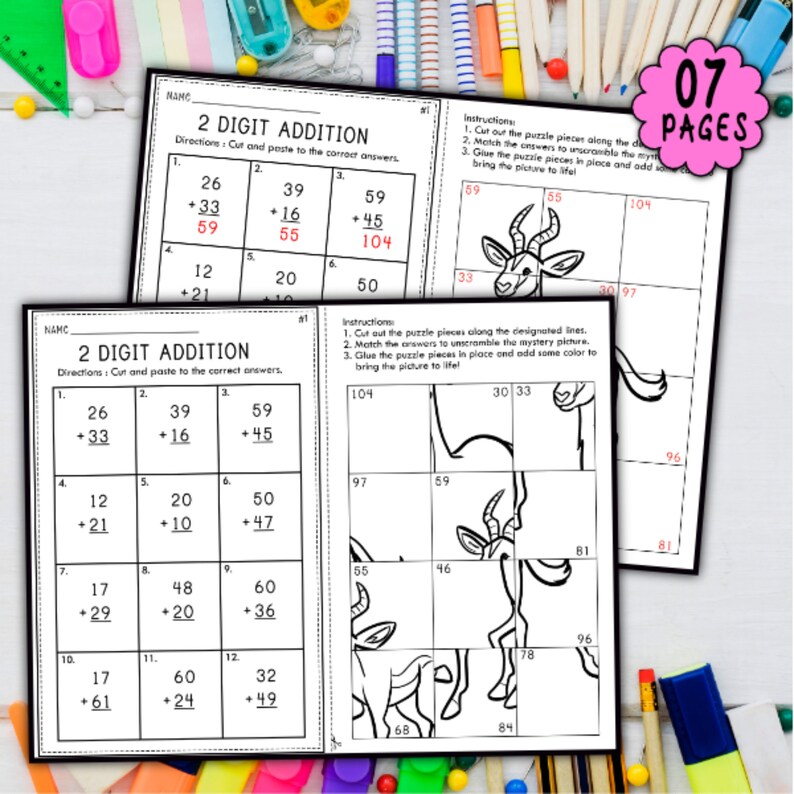 2 Digit Addition With Regrouping Mystery Pictures, Animal Theme, Cut ...