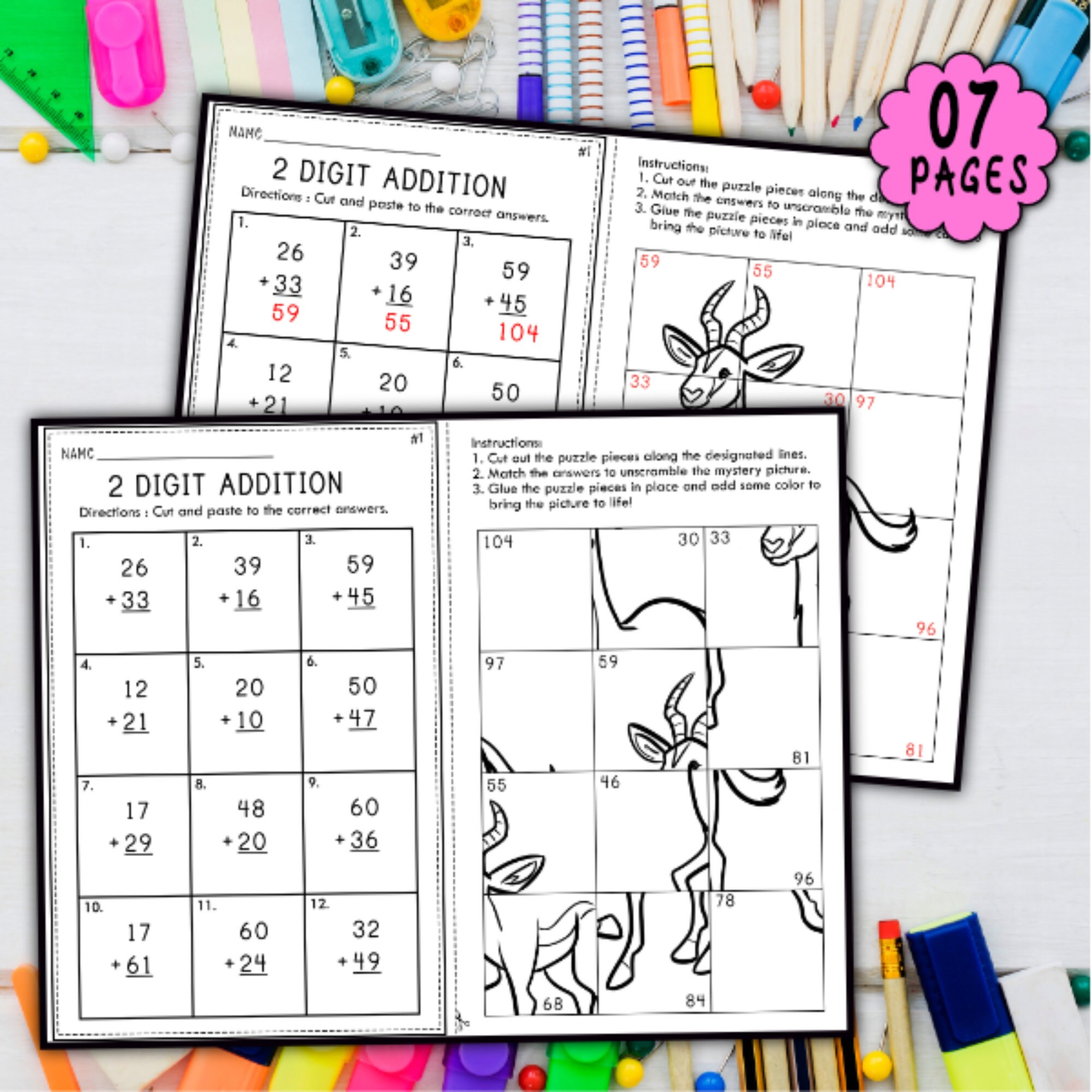 2 Digit Addition With Regrouping Mystery Pictures, Animal Theme, Cut ...