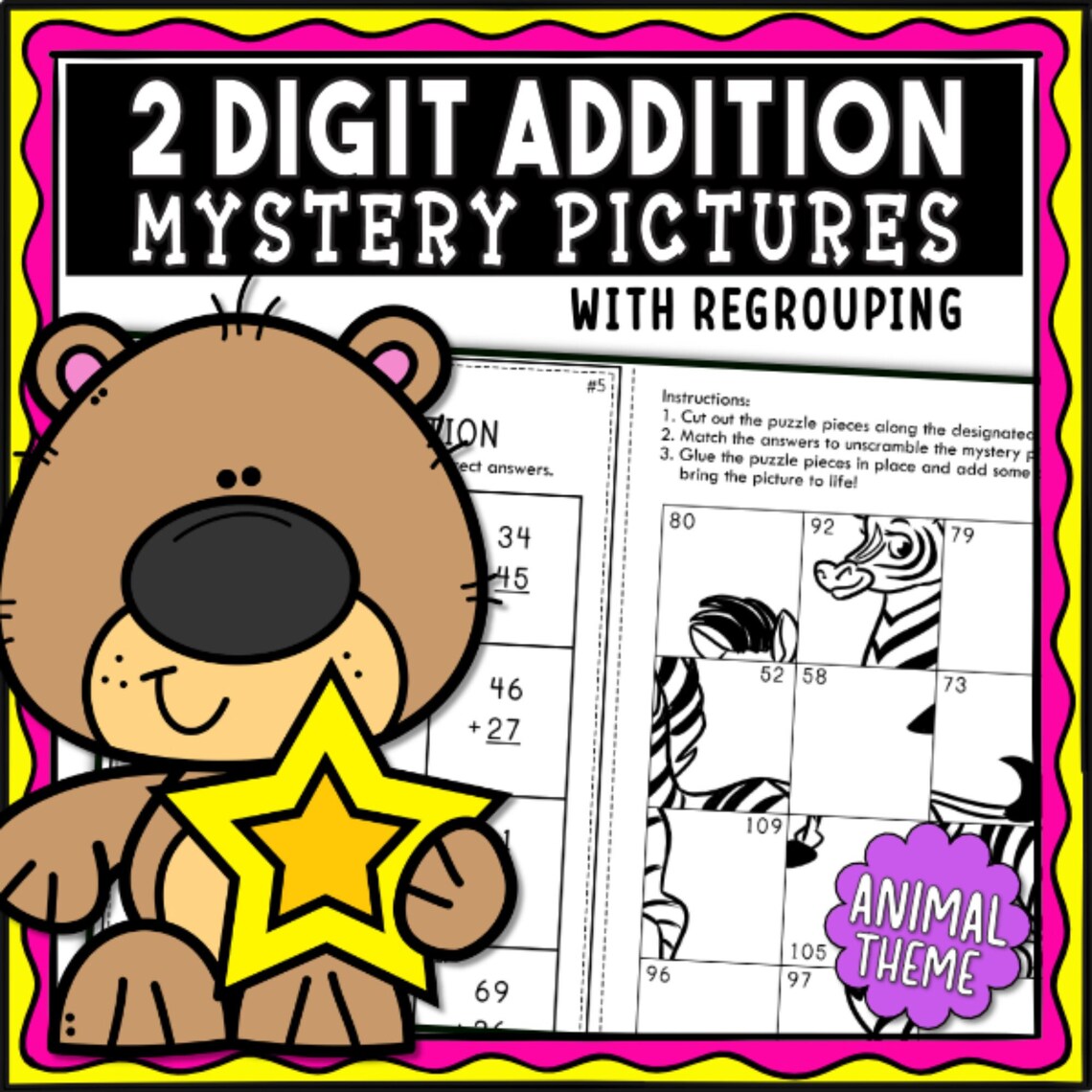 2 Digit Addition With Regrouping Mystery Pictures, Animal Theme, Cut ...