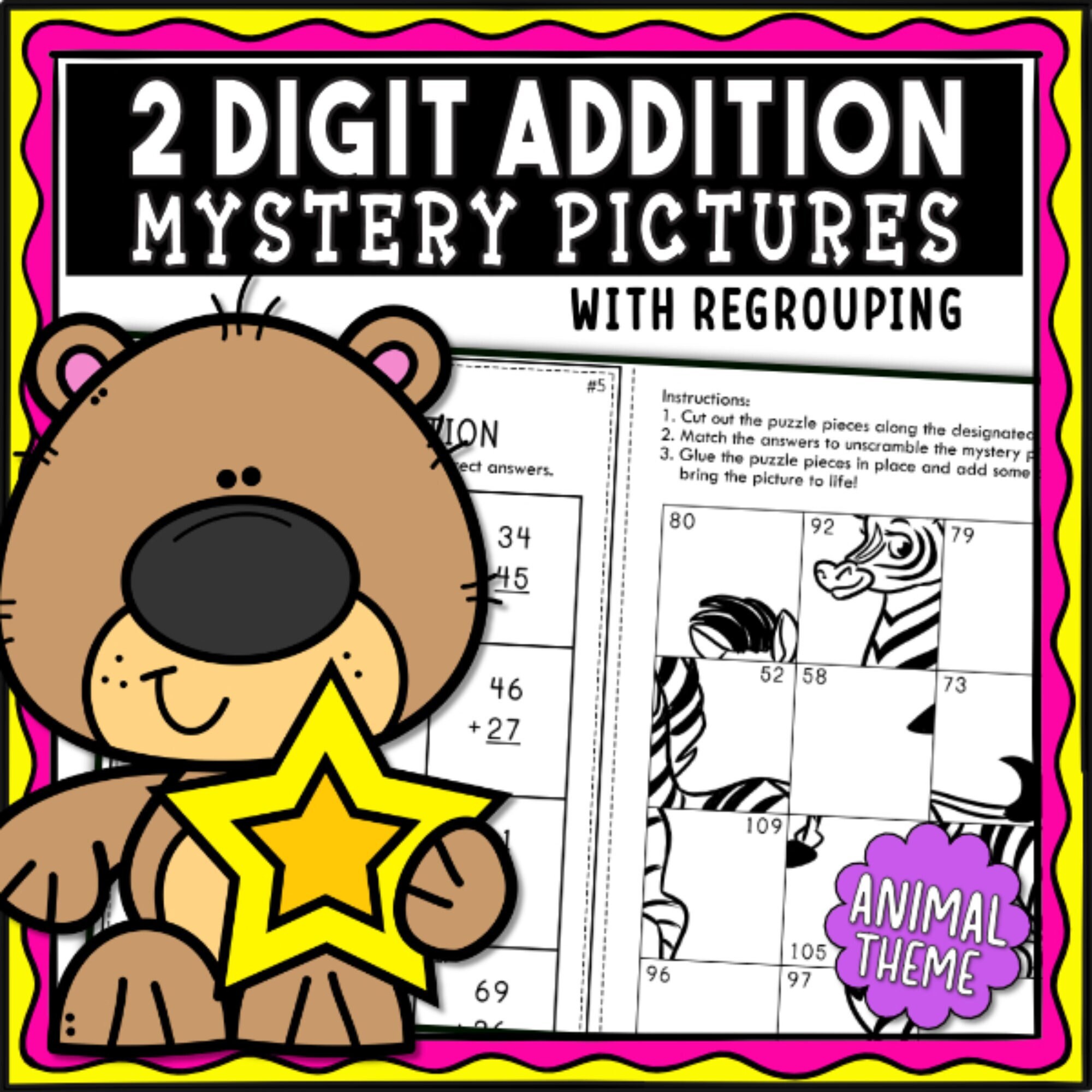 2 Digit Addition With Regrouping Mystery Pictures, Animal Theme, Cut ...