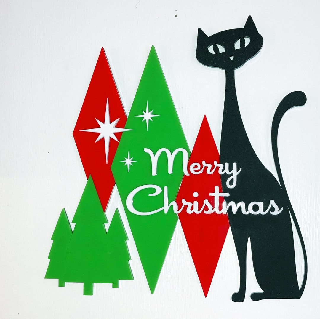 MCM Christmas Sign Atomic Black Cat | Mid Century Modern Holiday Decor ...