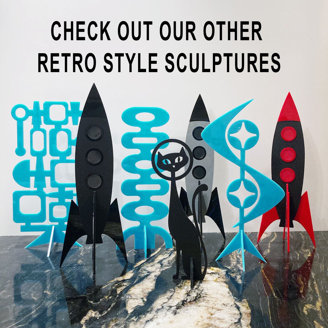 MCM Space Rocket With Atomic Black Cat 3 Piece Mid Century - Etsy