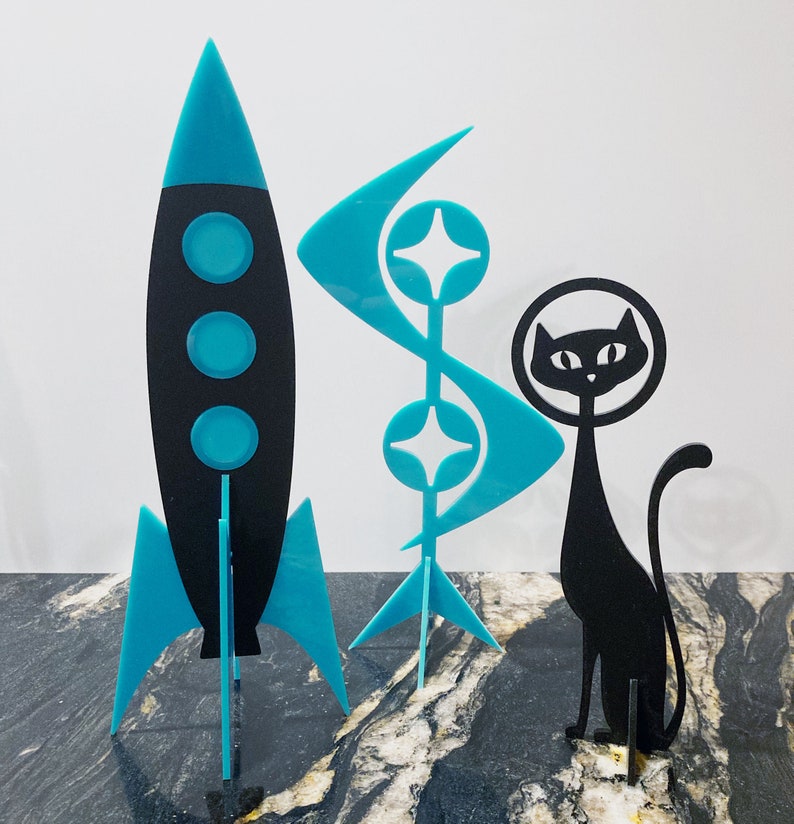 MCM Space Rocket With Atomic Black Cat 3 Piece Mid Century - Etsy