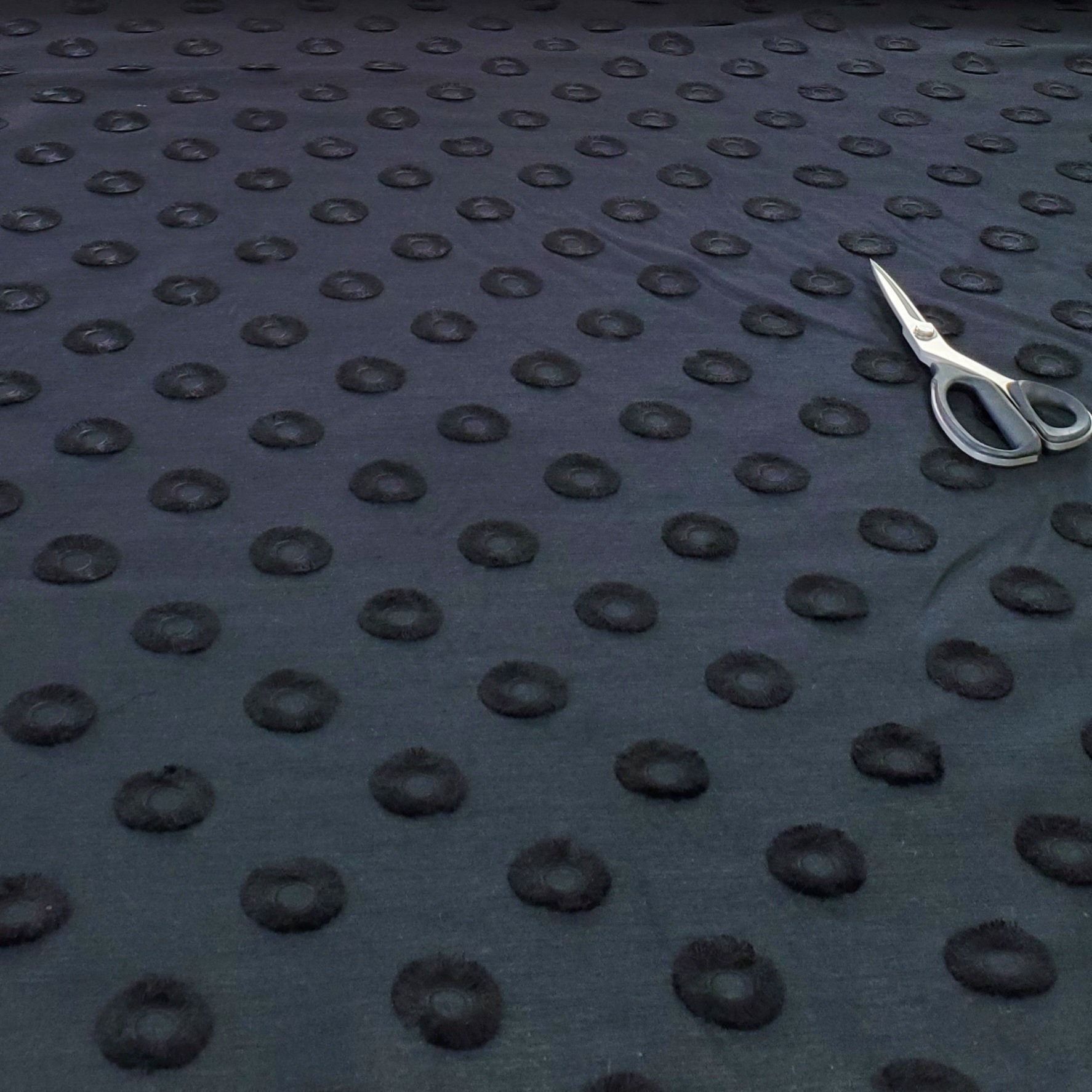 Jet Black Fabric With Circles Embroidered and Trimmed in a Black Fringe ...