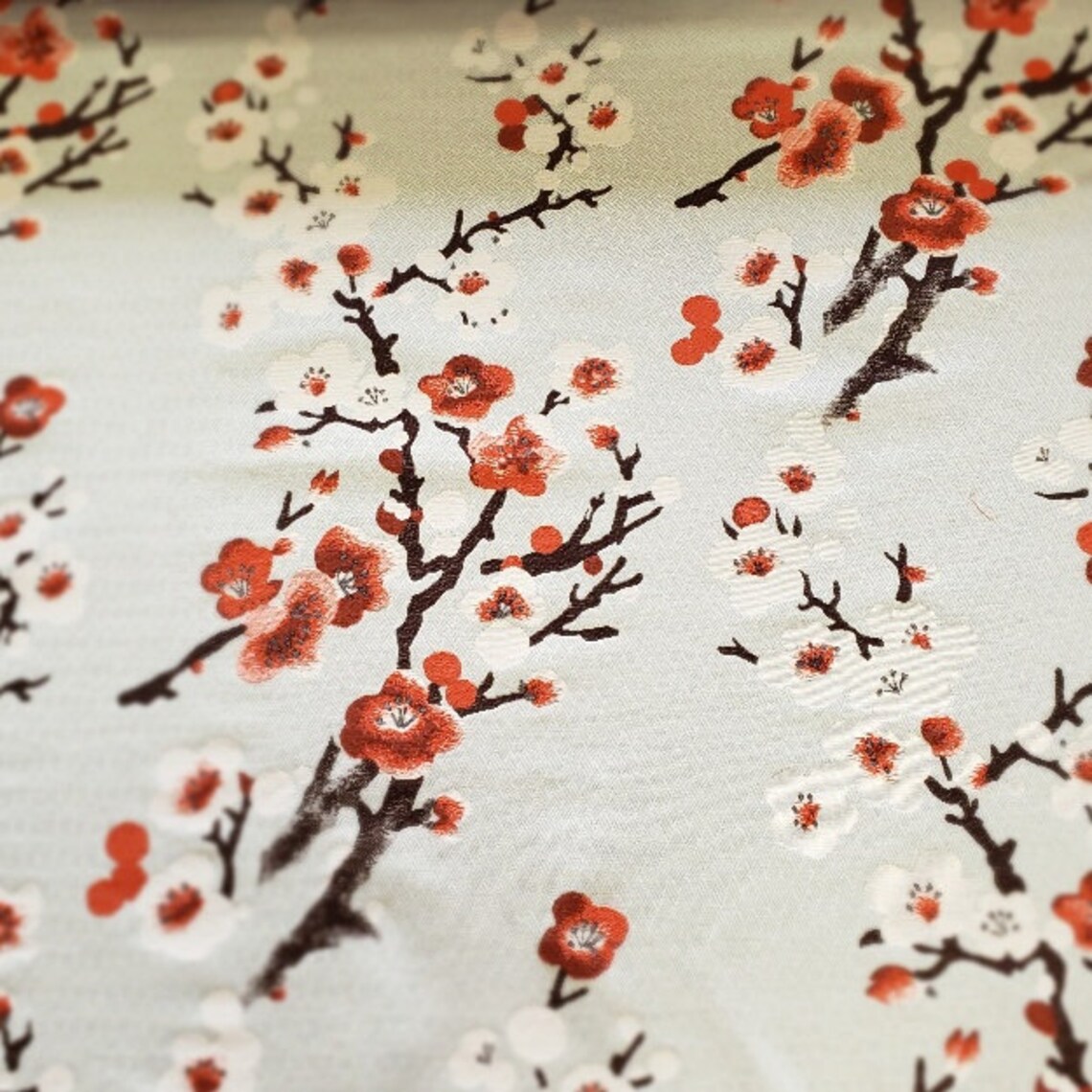 Woven Rust Red Cherry Blossom Designed Fabric With a Taupe | Etsy