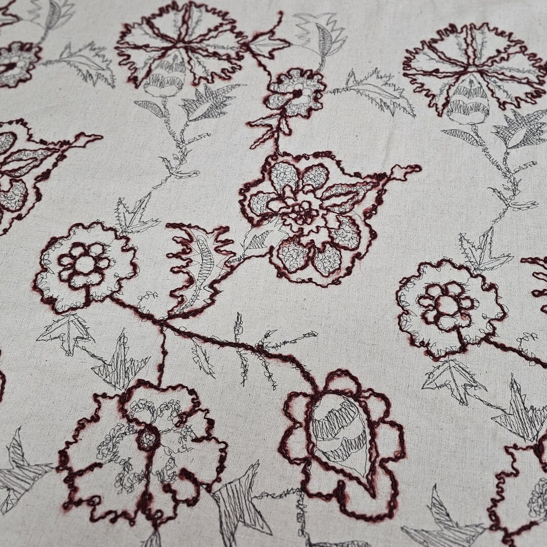 Deconstructed Crewel Art Fabric in Red Yarns Woven on a Tan Linen Like ...