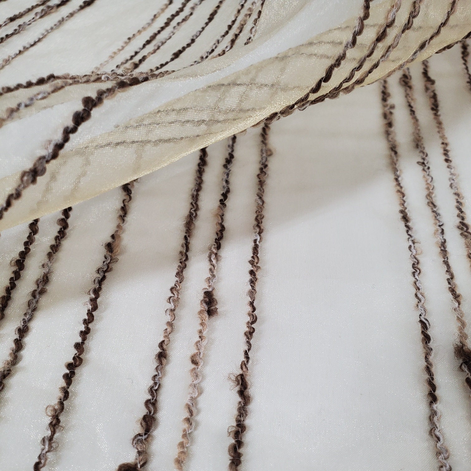 Sheer Tan Fabric With Embroidered Brown Yarn Stripes, Perfect for ...