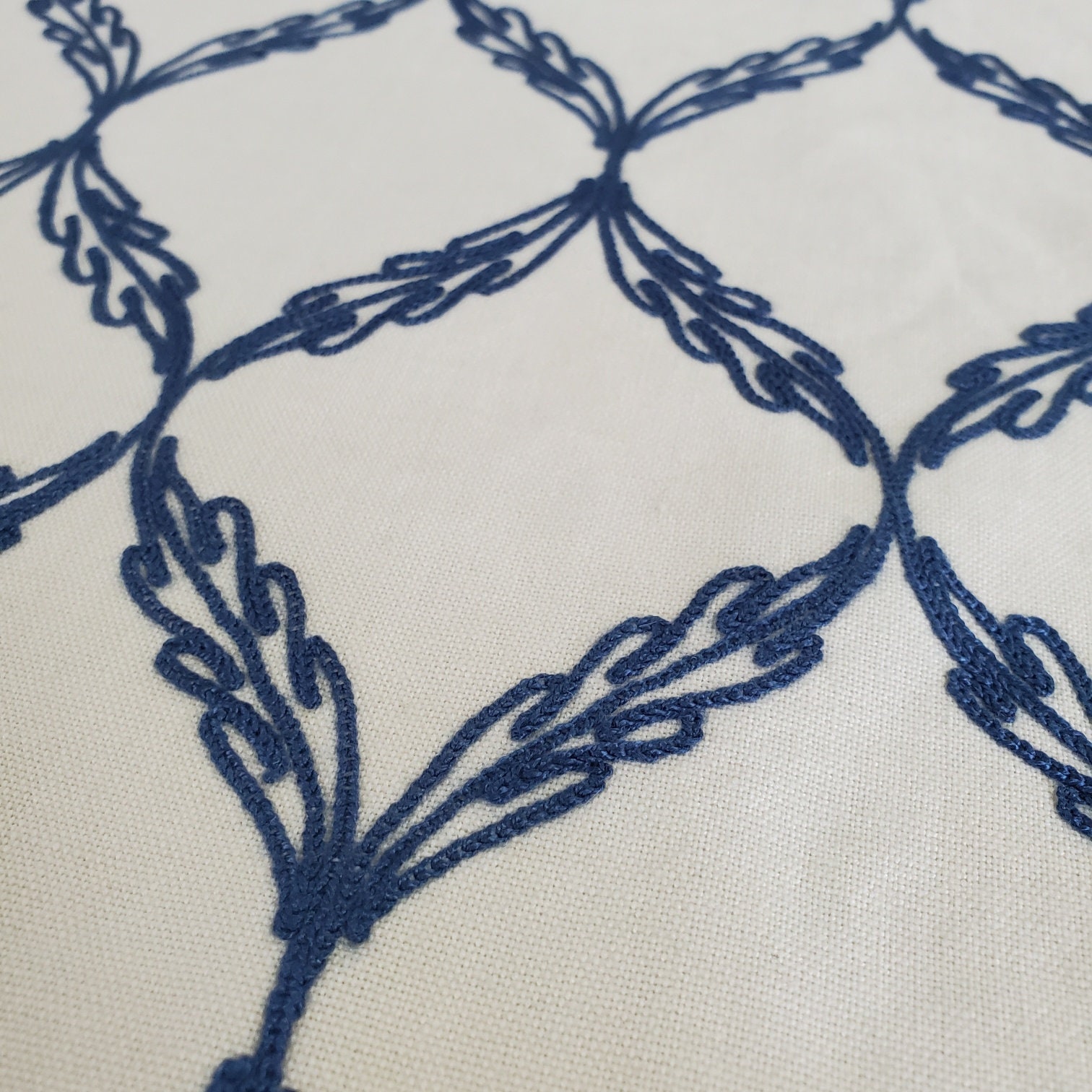 Navy Blue Embroidered Quatrefoil Design on Ivory Base Cloth, Perfect ...