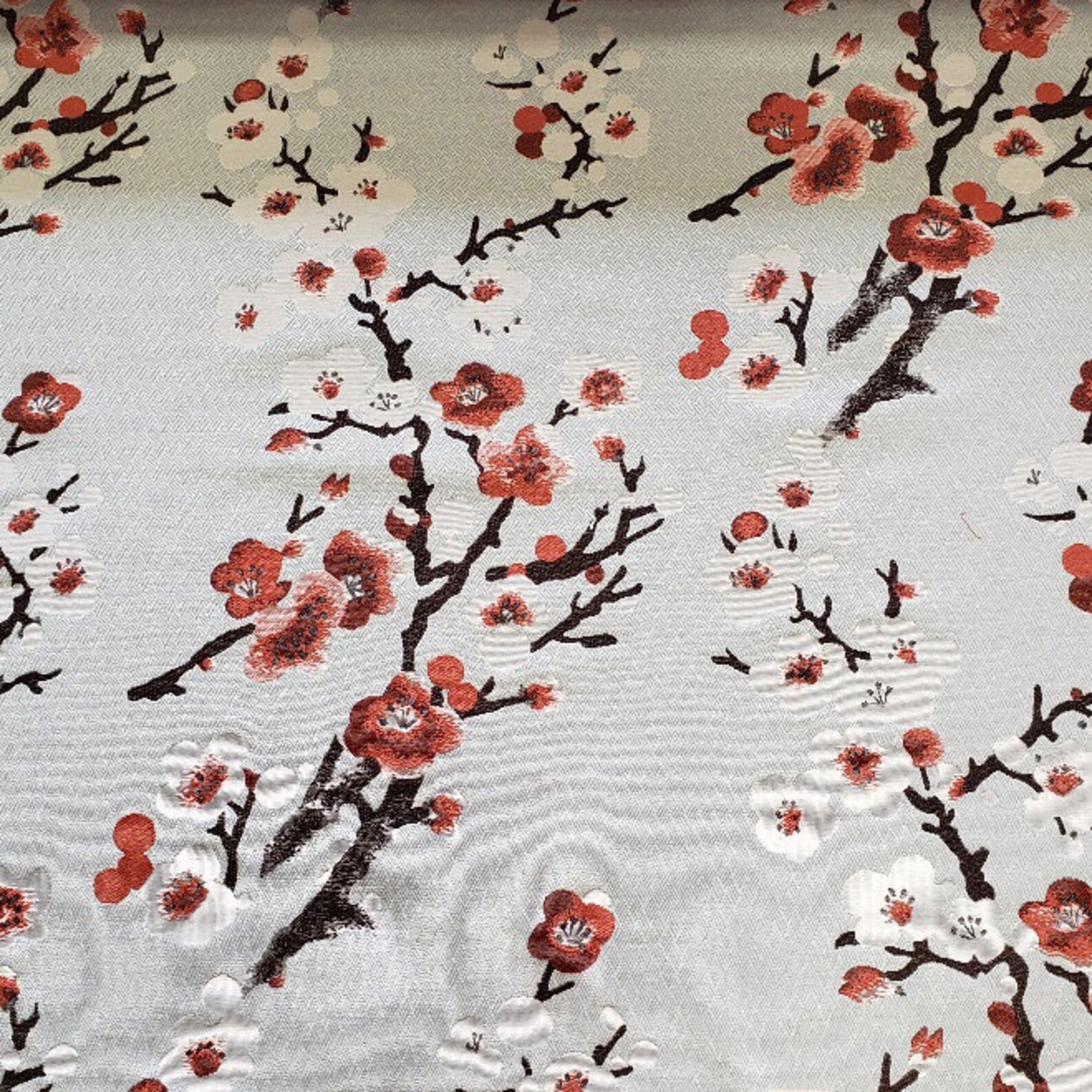 Woven Rust Red Cherry Blossom Designed Fabric With a Taupe Background ...