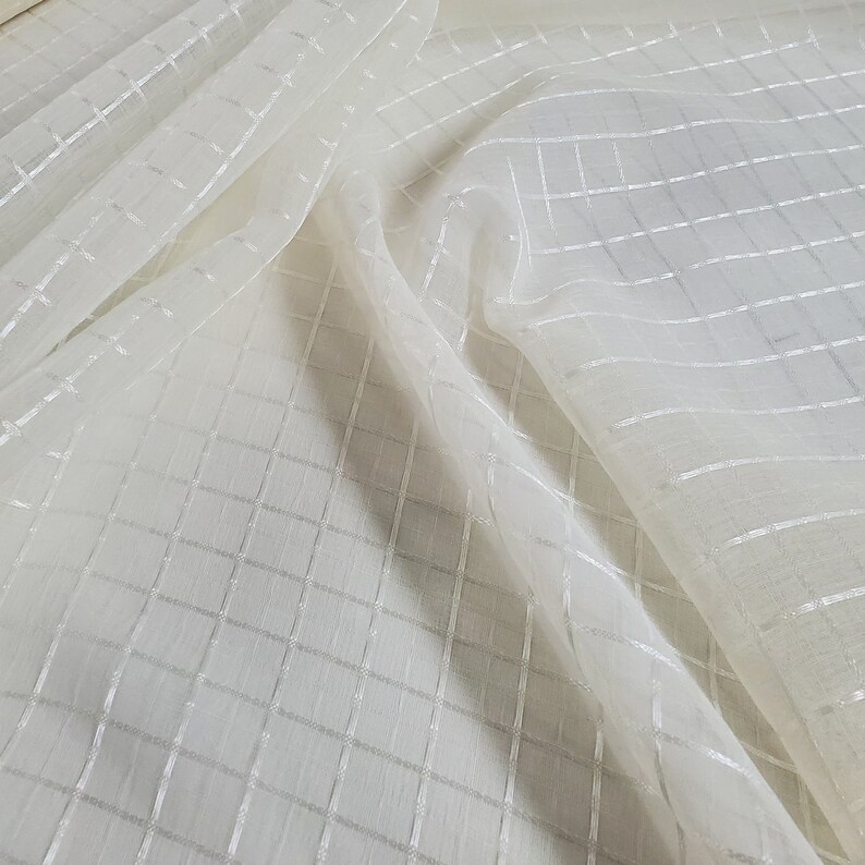 Pale White Sheer Fabric With Tone on Tone Check Weave, Perfect for ...