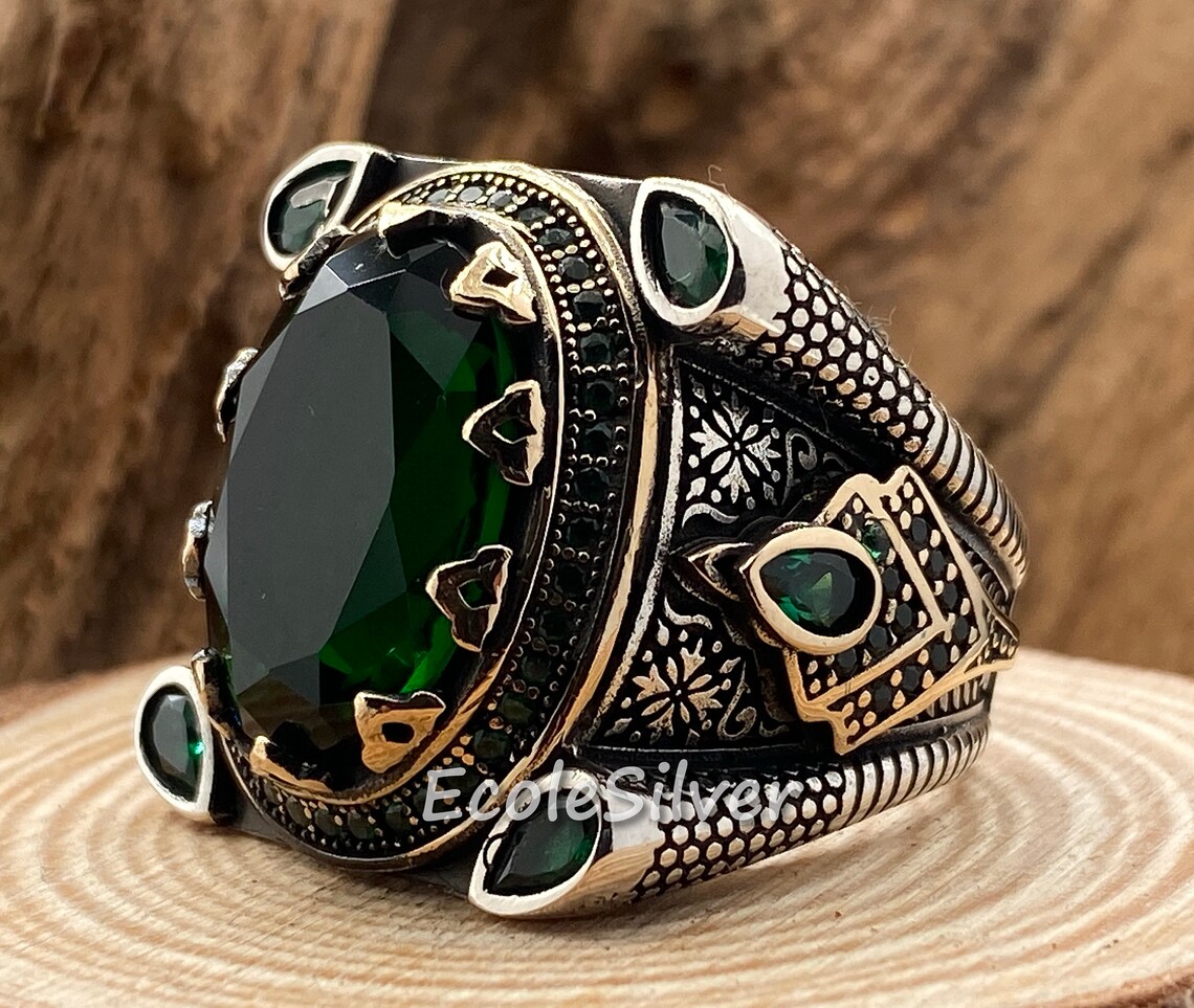 Sterling Silver Mens Ringgreen Zircon Stone Mens Ringmens - Etsy