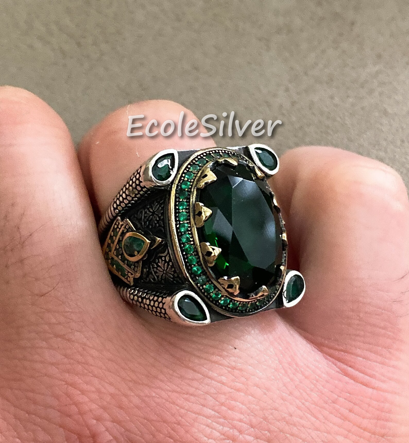 Sterling Silver Mens Ringgreen Zircon Stone Mens Ringmens - Etsy