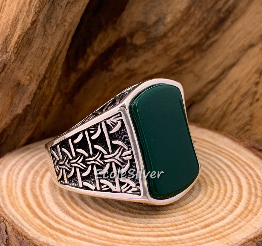 Mens Green Agate Ring,mensgreen Onyx Ring, Mens Silver Ring,925 Silver ...