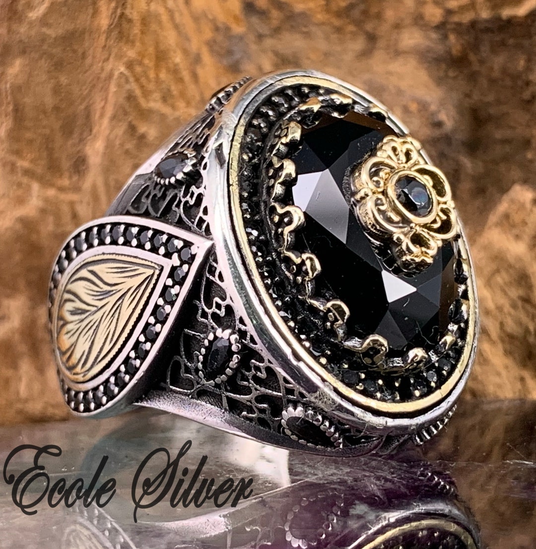 Sterling Silver Black Stone Ring925 Sterling Silver Men - Etsy