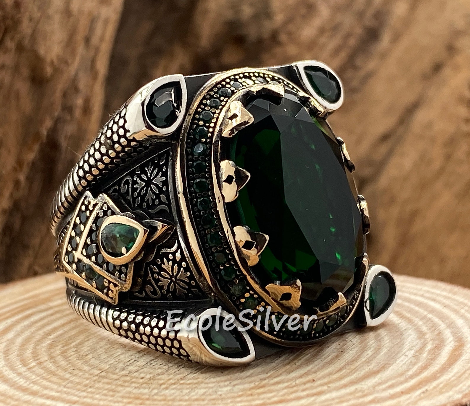 Sterling Silver Mens Ringgreen Zircon Stone Mens Ringmens - Etsy