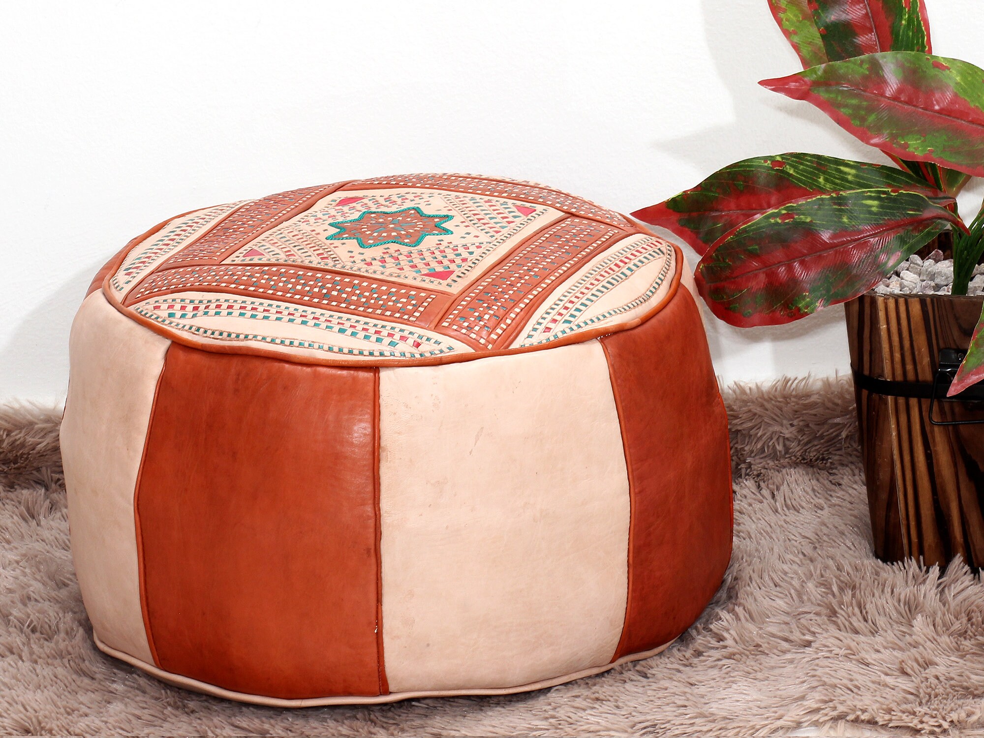 Ottoman Pouf Embroidered Pouf Leather Pouf Moroccan Pouf - Etsy