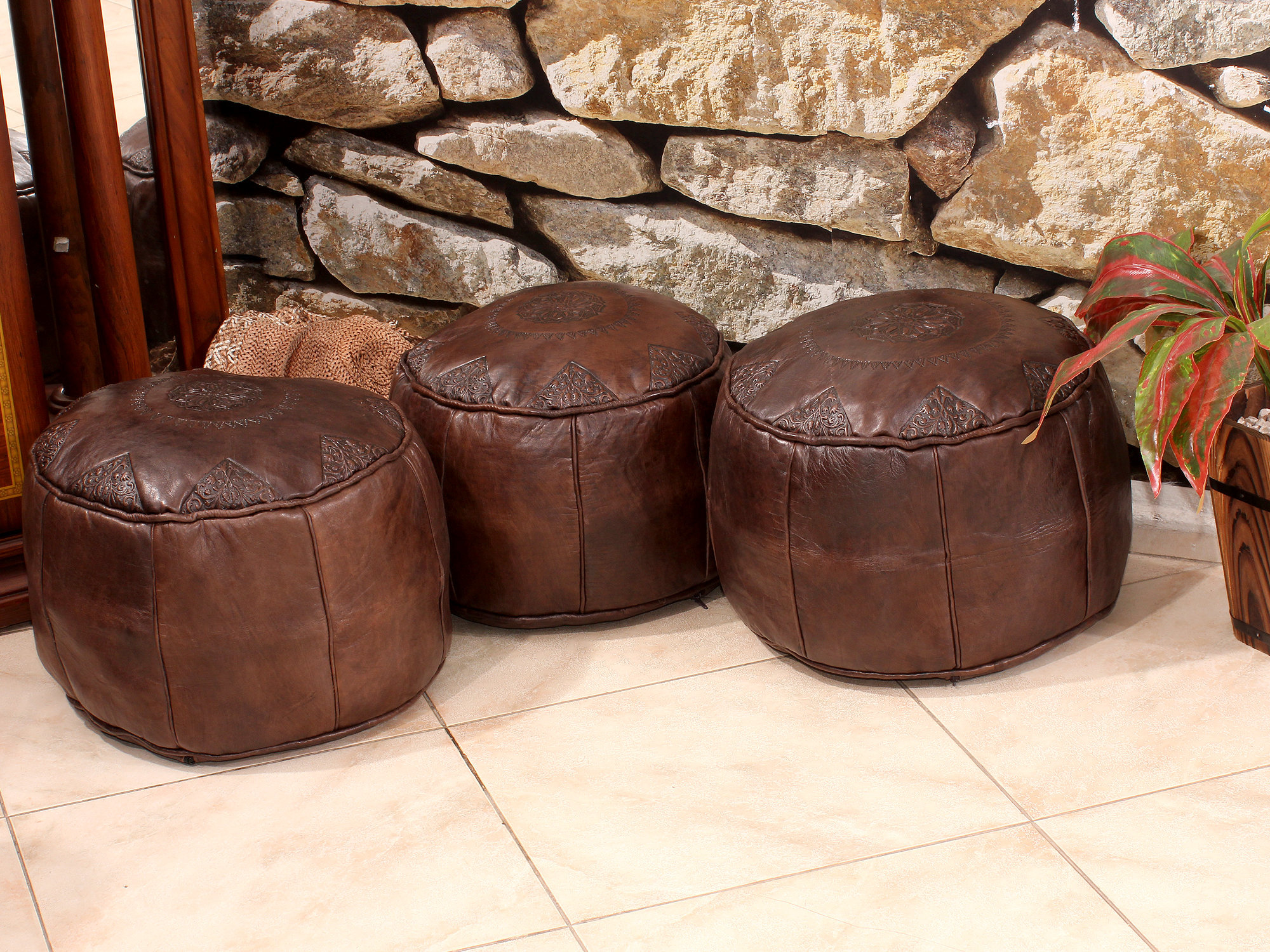 Set of 3 Poufs Ottoman Leather Moroccan Pouf Footstool Ottoman Pouf ...