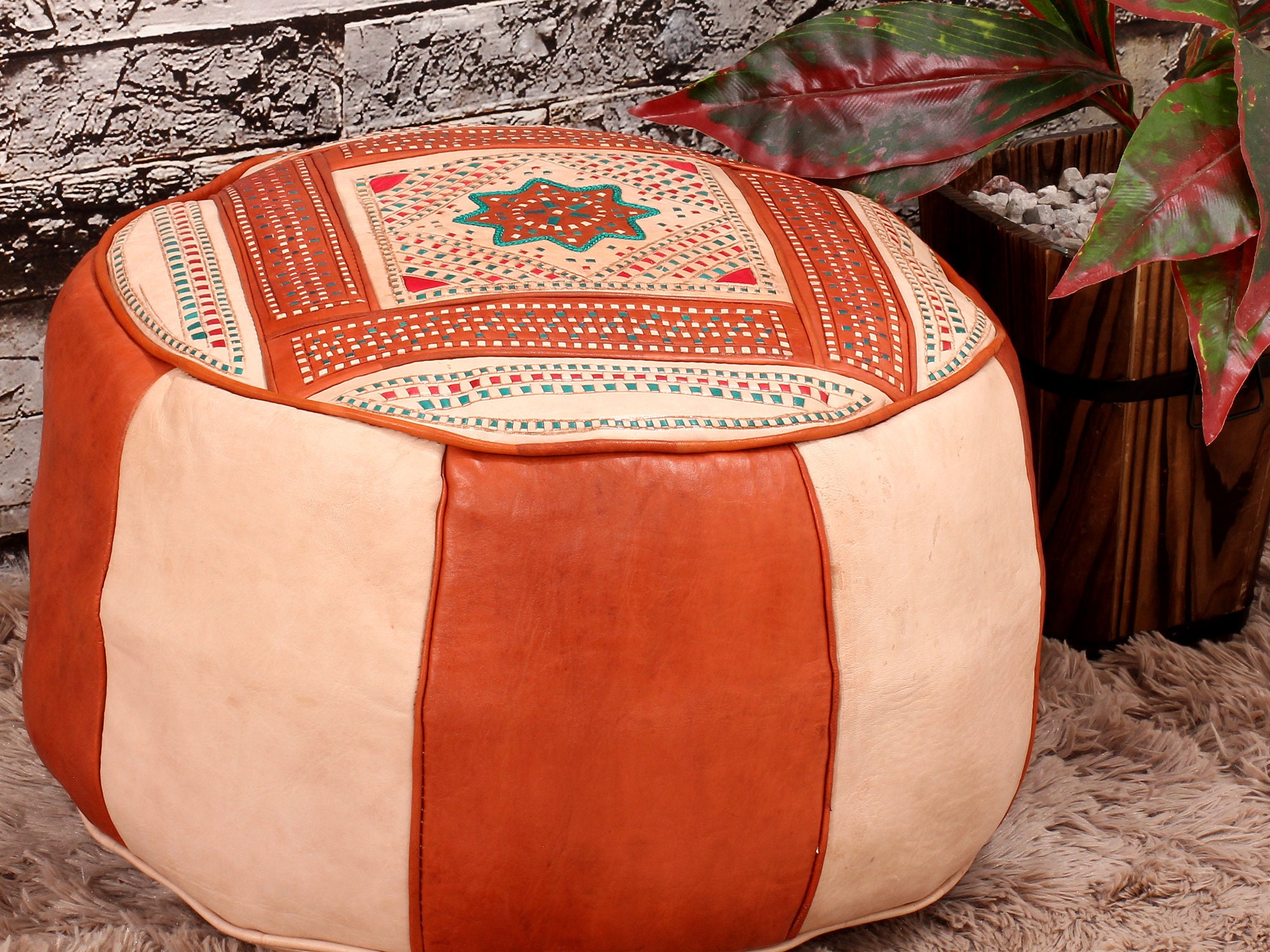 Ottoman Pouf Embroidered Pouf Leather Pouf Moroccan Pouf - Etsy