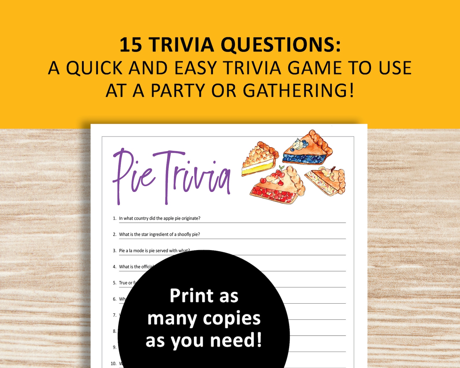 Pie Trivia Game, Dessert Printable, Instant Download, Dinner Party ...