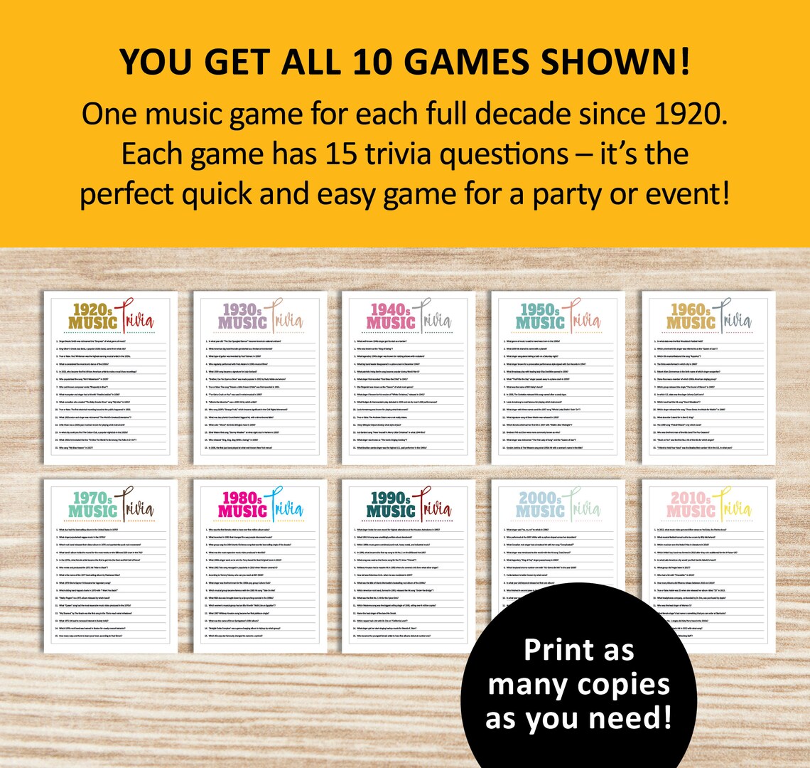 Decades Music Game Bundle, Printable Trivia, Party Instant Download ...
