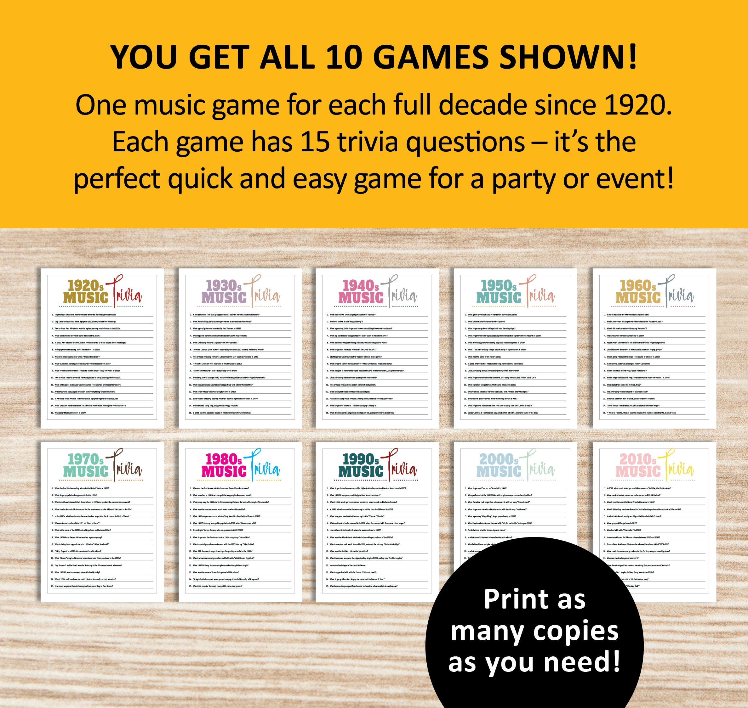Decades Music Game Bundle, Printable Trivia, Party Instant Download ...