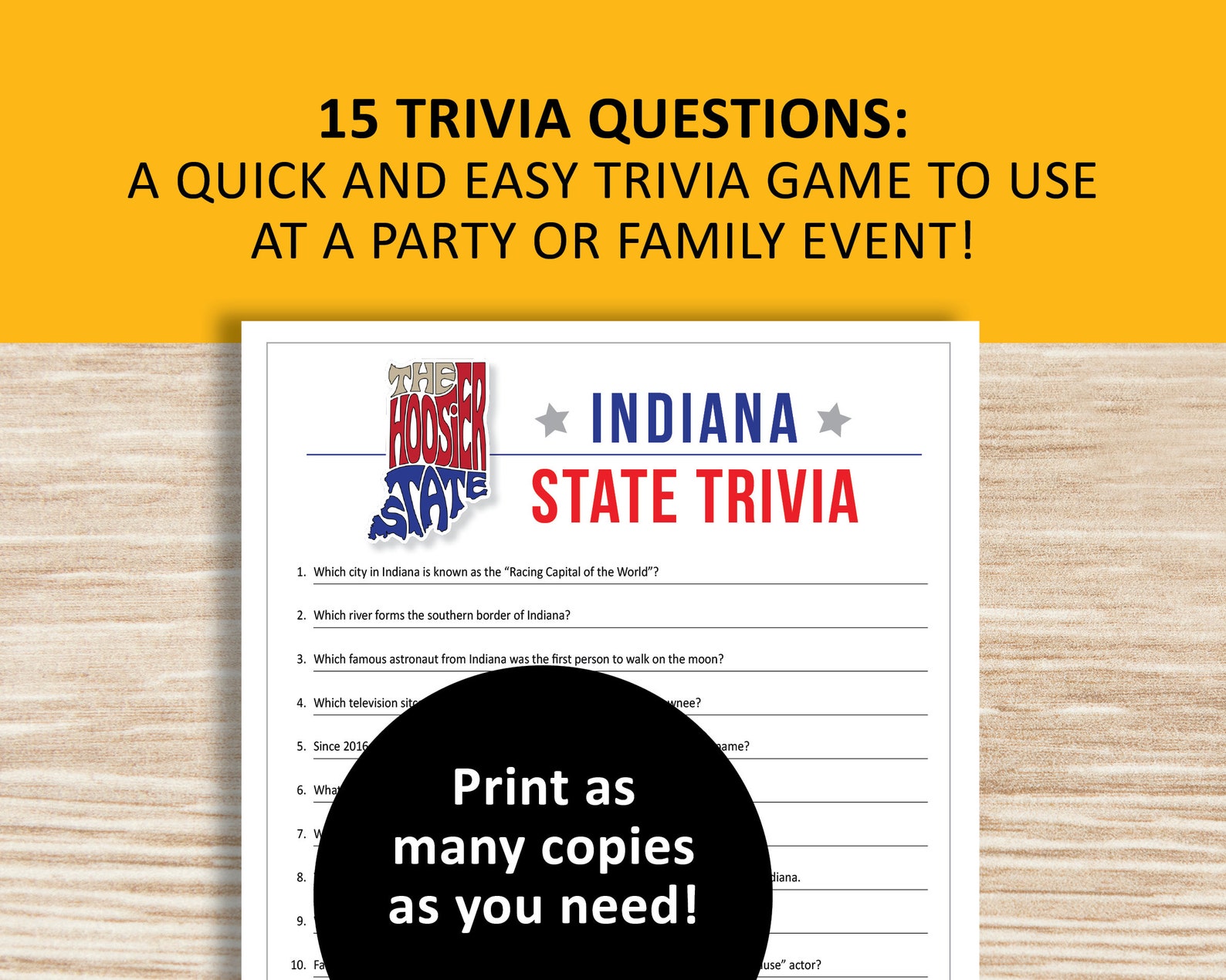 Indiana Trivia Game, Printable, U.S. State Instant Download, Family ...