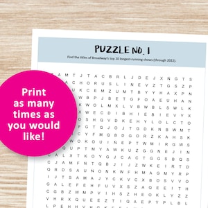 Broadway Word Search Puzzles, Printable Party Games, Instant Digital ...
