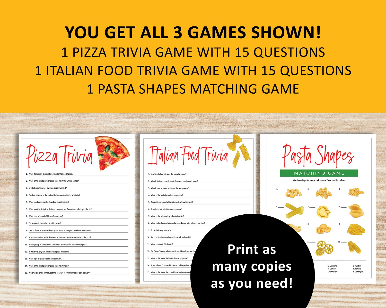 Italian Food Game Bundle, Trivia Printable, Pasta Matching Game, Pizza ...