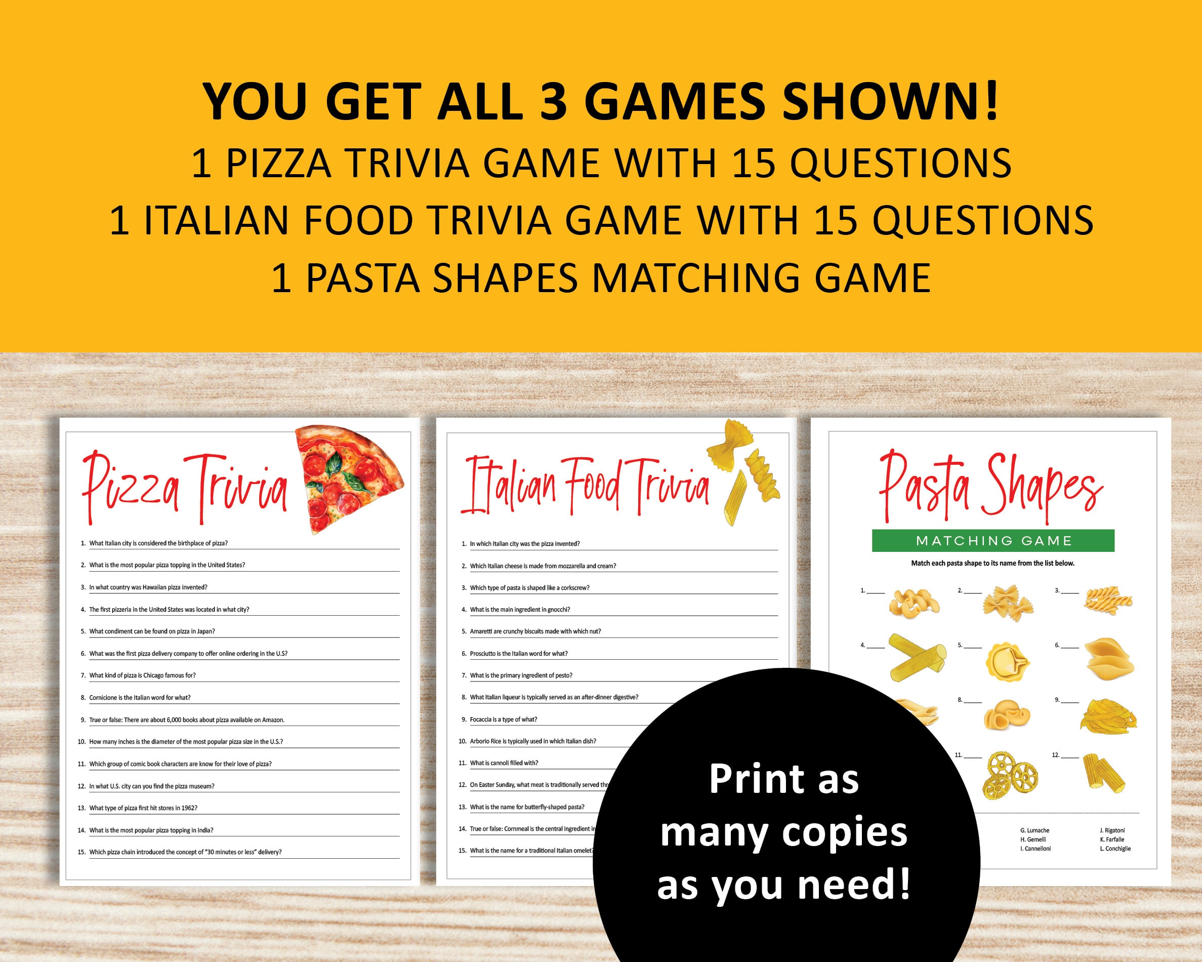 Italian Food Game Bundle, Trivia Printable, Pasta Matching Game, Pizza ...