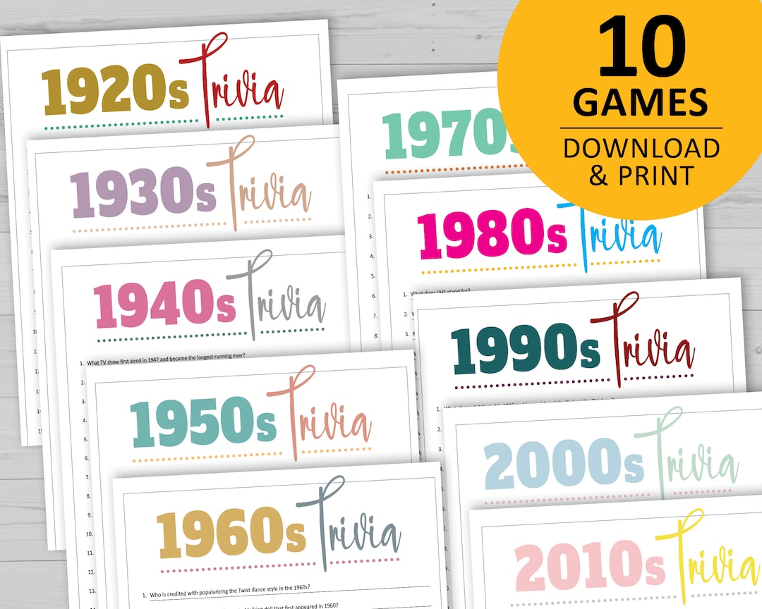 Decades Trivia Bundle, Printable Games, Party Instant Download, 20s ...