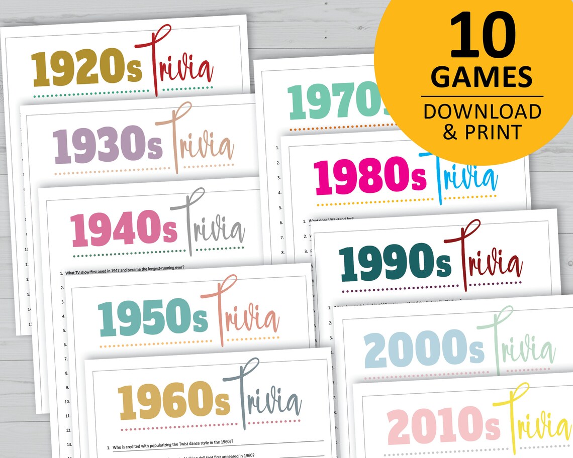 Decades Trivia Game Bundle, Printable Party Games (digital Download) - Etsy