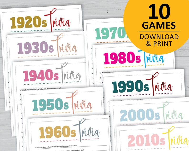 Decades Trivia Bundle, Printable Games, Party Instant Download, 20s ...