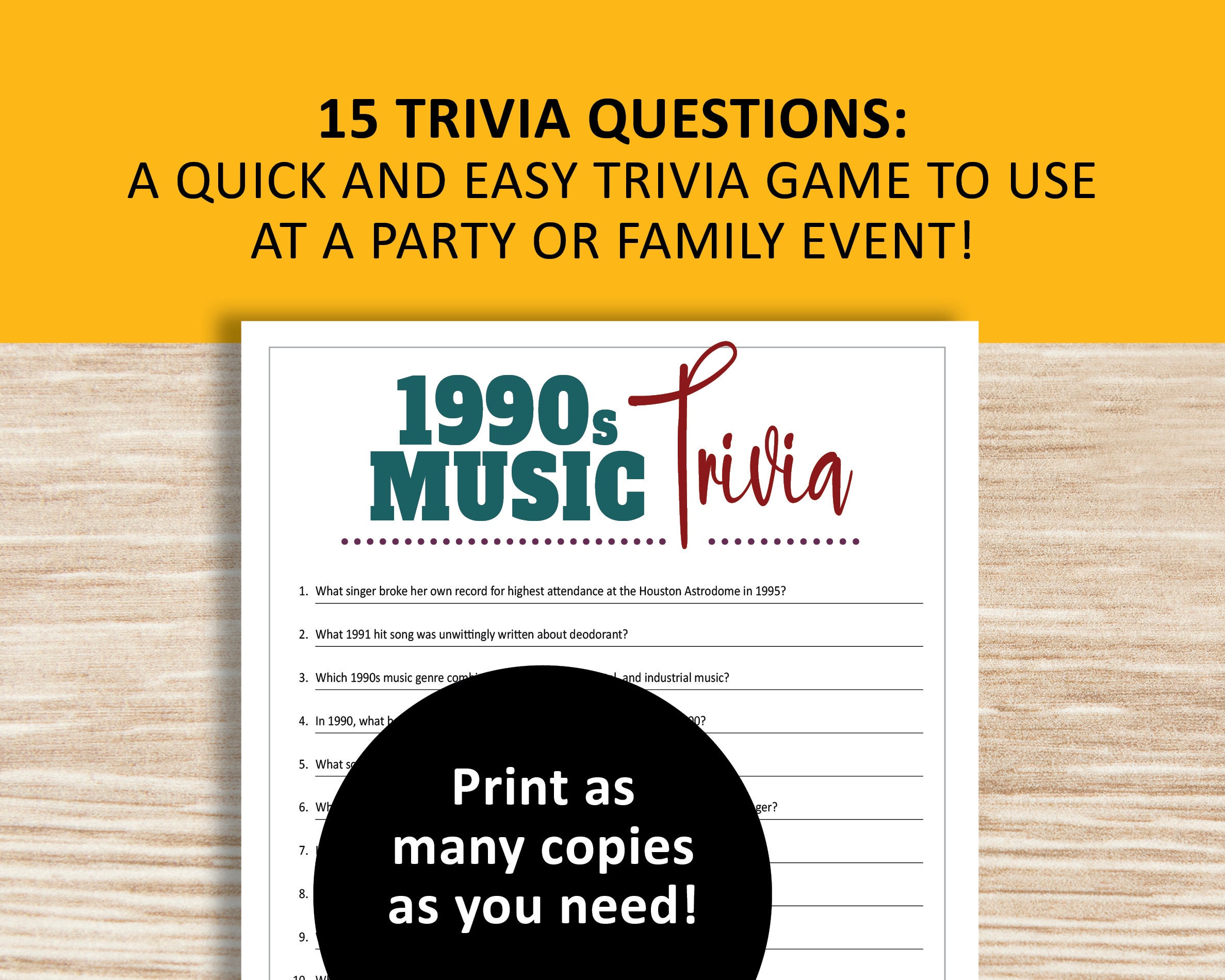 1990s Music Trivia Game 90s History Pop Culture Printable - Etsy