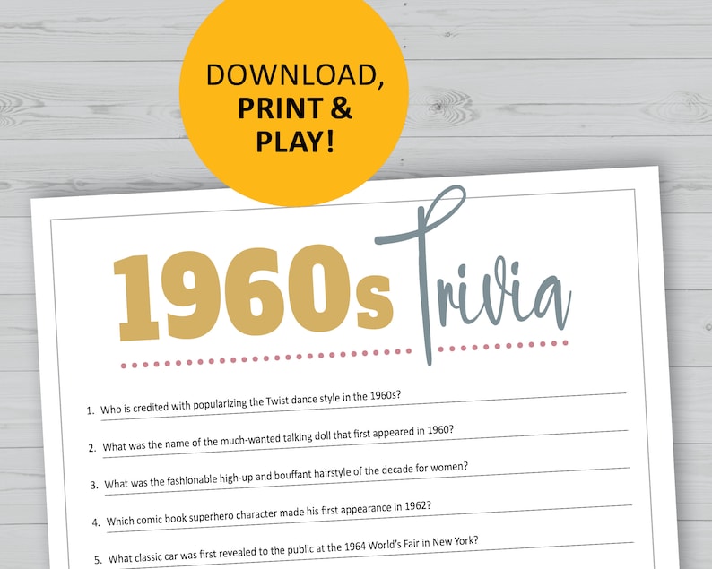 1960s Trivia Game, 60s History, Pop Culture Printable Games, Instant ...