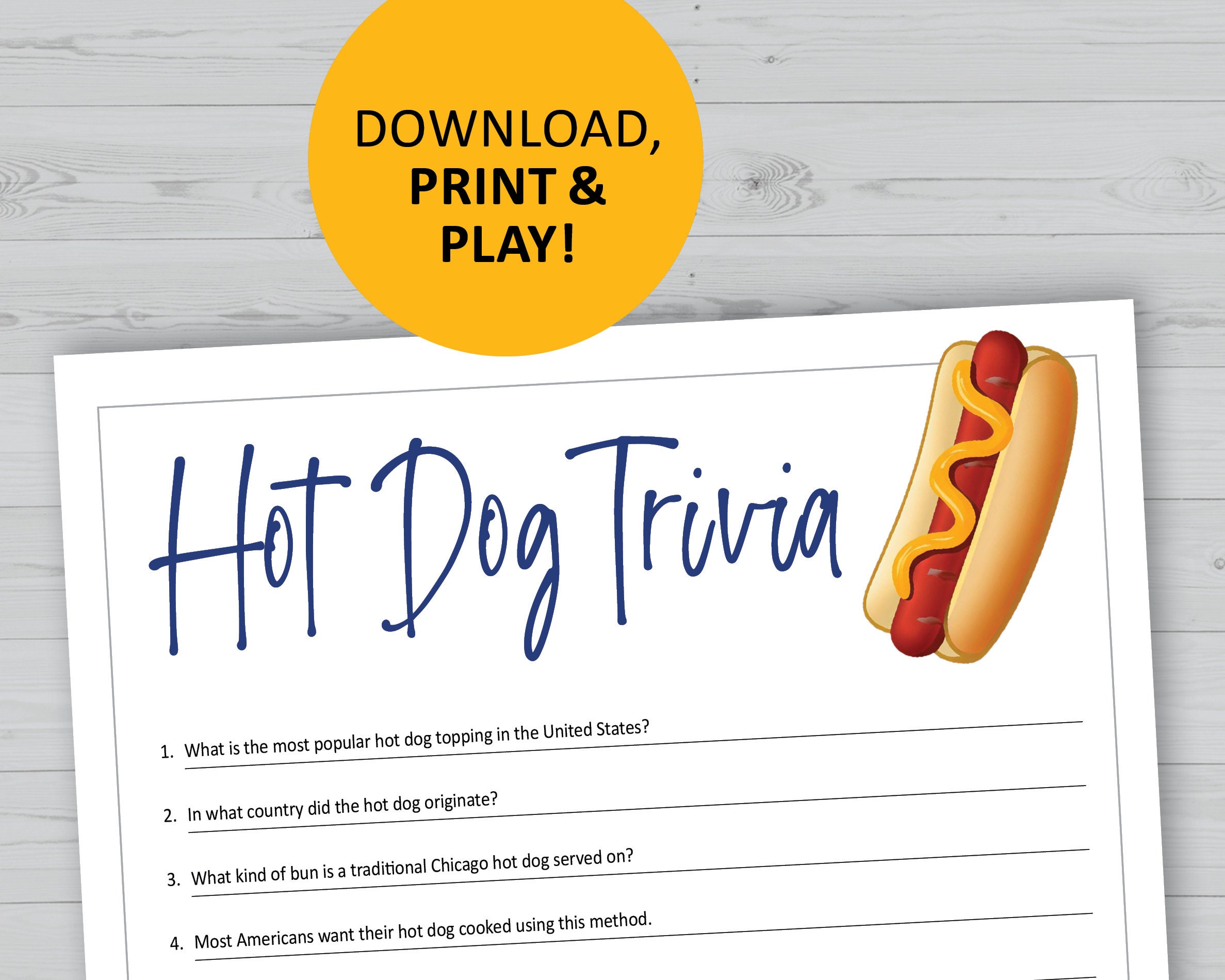 Hot Dog Trivia Game, Printable, Instant Download, Food Party Games ...