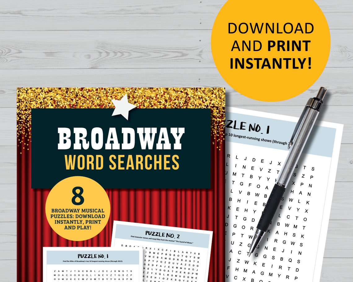 Broadway Word Search Puzzles, Printable Party Games, Instant Digital ...