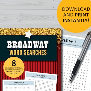 Broadway Word Search Puzzles, Printable Party Games, Instant Digital ...