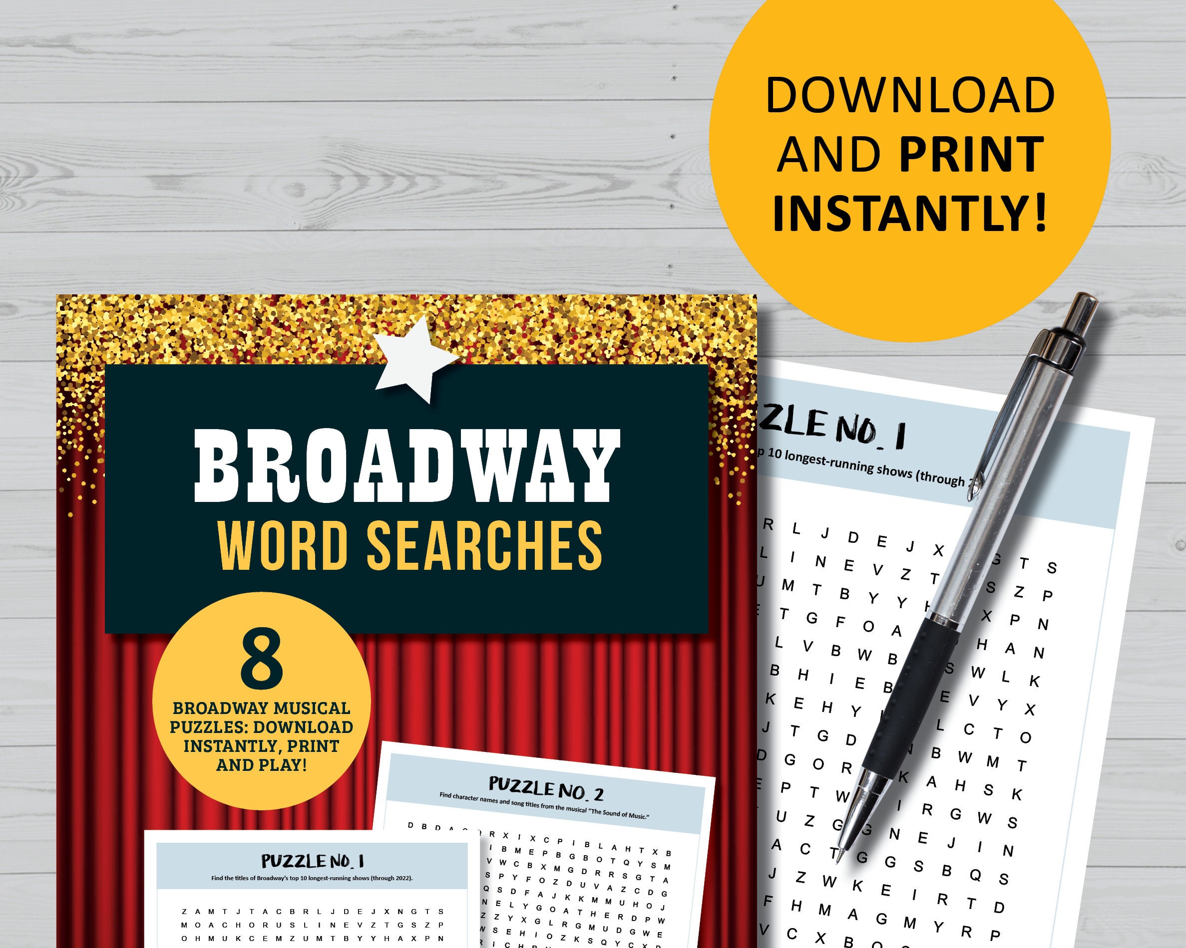 Broadway Word Search Puzzles, Printable Party Games, Instant Digital ...