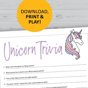 Unicorn Trivia Game, Printable, Instant Download, Party Games ...