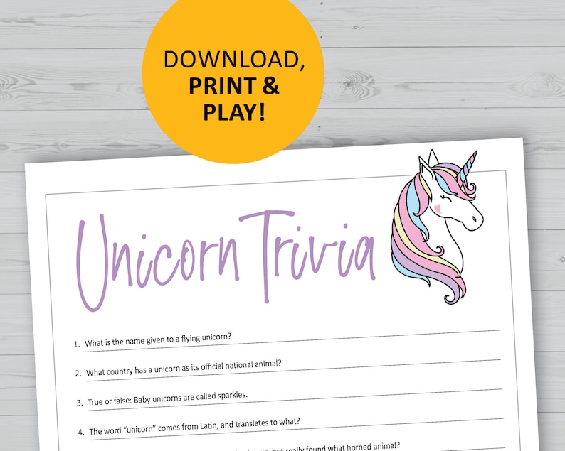 Unicorn Trivia Game, Printable, Instant Download, Party Games ...