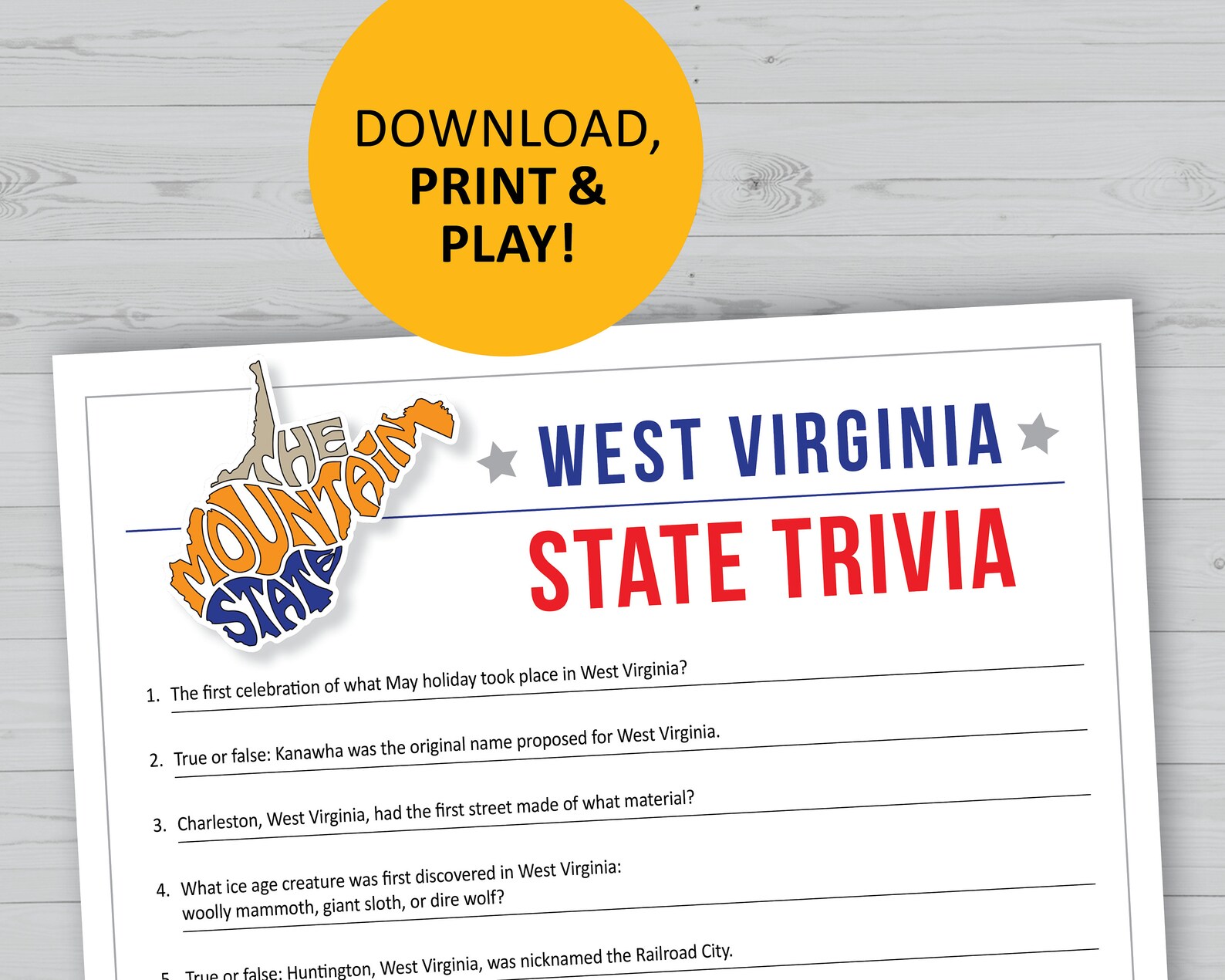 West Virginia Trivia Game, Printable, U.S. State Instant Download ...