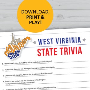 West Virginia Trivia Game, Printable, U.S. State Instant Download ...
